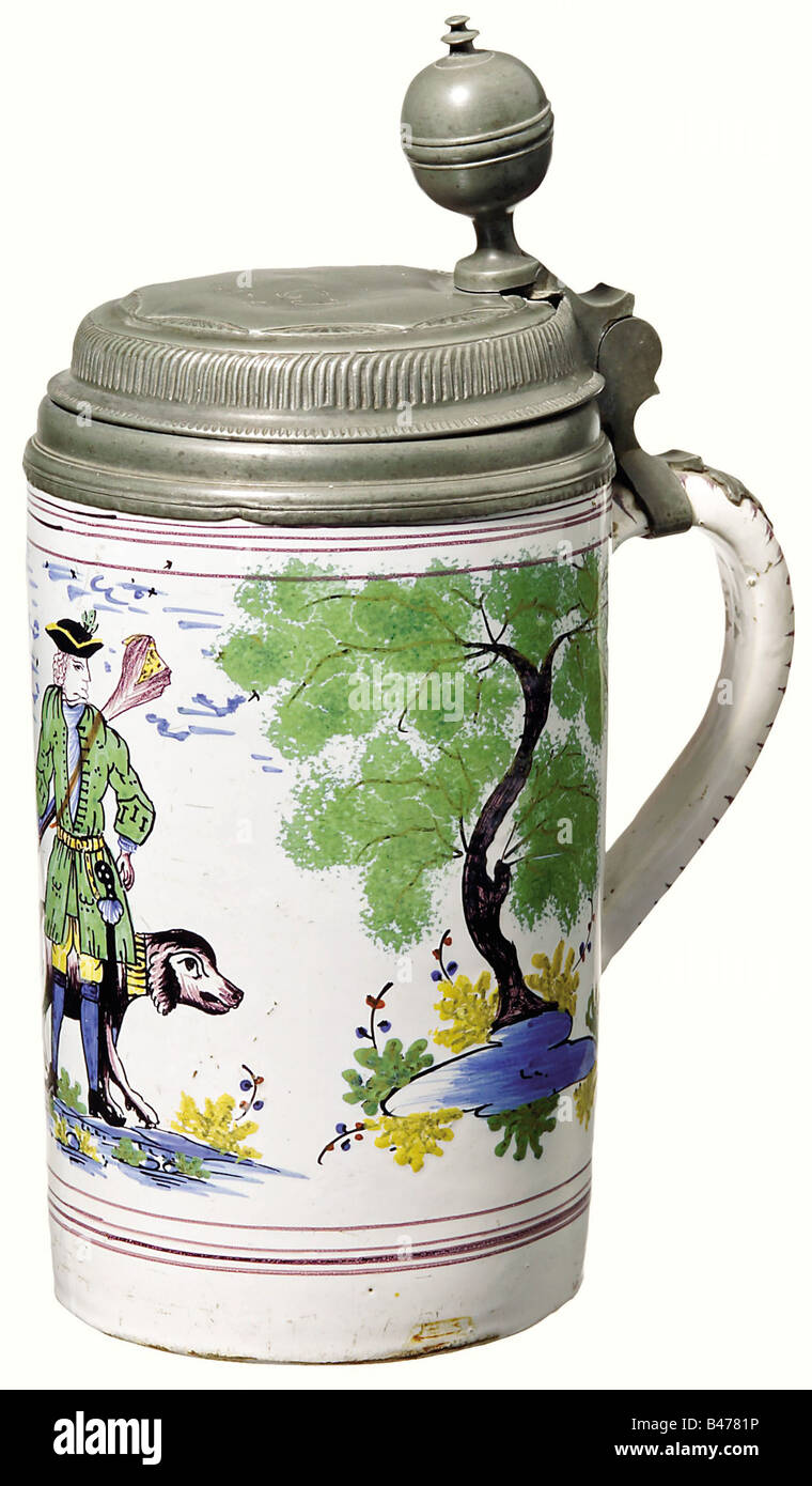 A fayence barrel tankard, Erfurt, Dorotheenthal, dated 1748. Light grey ...