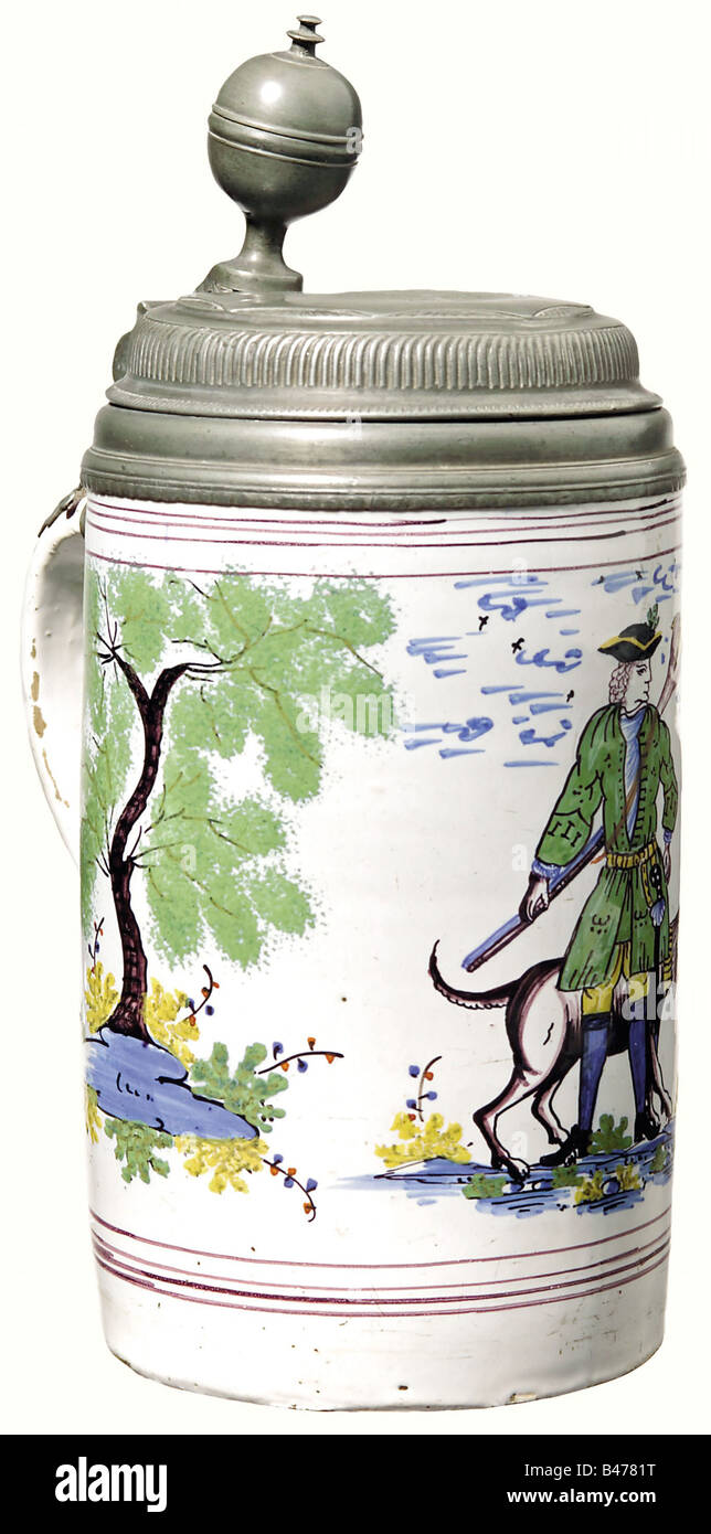 A fayence barrel tankard, Erfurt, Dorotheenthal, dated 1748. Light grey ...