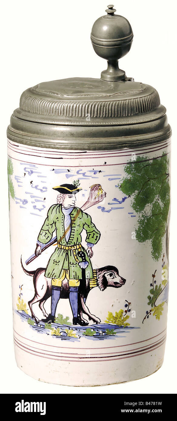 A fayence barrel tankard, Erfurt, Dorotheenthal, dated 1748. Light grey ...