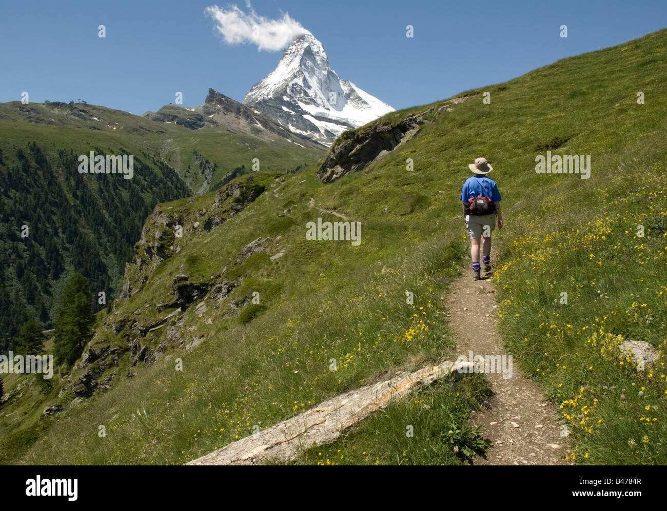 Walking in the stunning alpine scenery of the Zmutt valley above ...