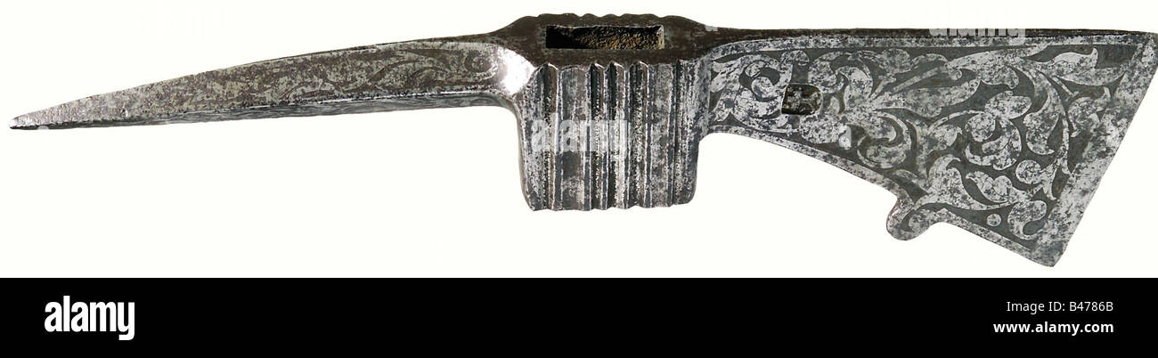 An etched axe head, German, circa 1600. Slender blade with straight ...