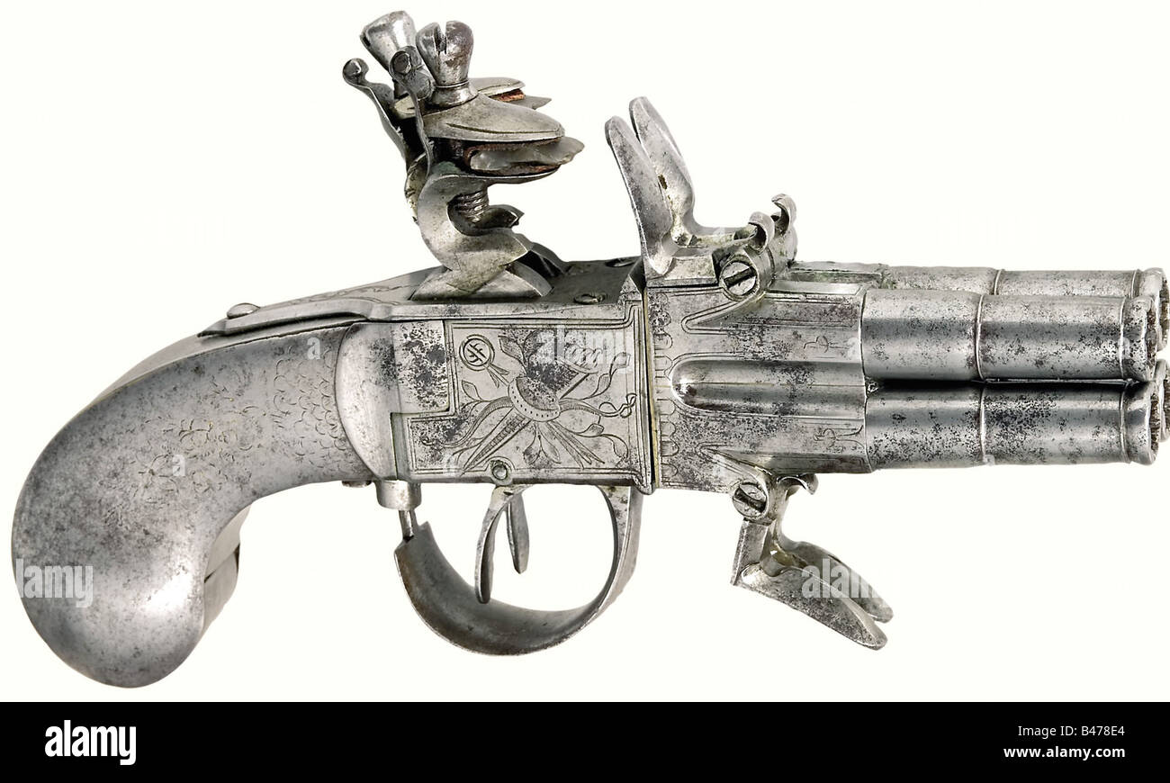 A flintlock pocket pistol with turnover double barrels, German or ...