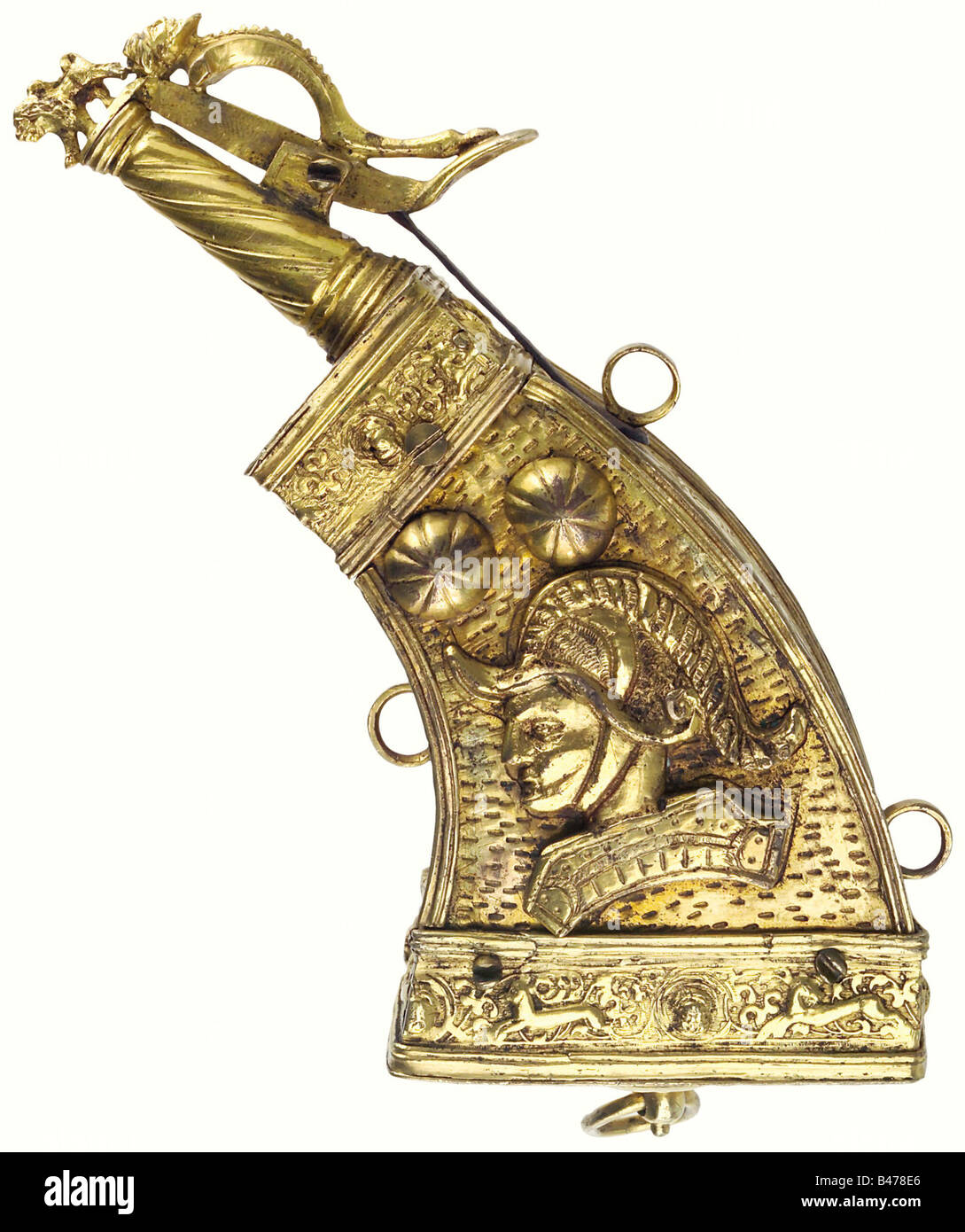 A magnificent priming flask, Nuremberg, circa 1600. Slightly curved ...