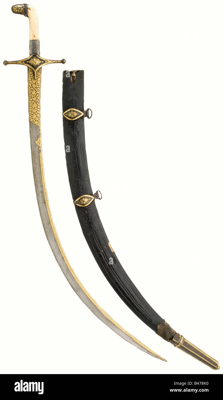 A gold inlaid shamshir, Persian, circa 1800. Curved single-edged blade ...