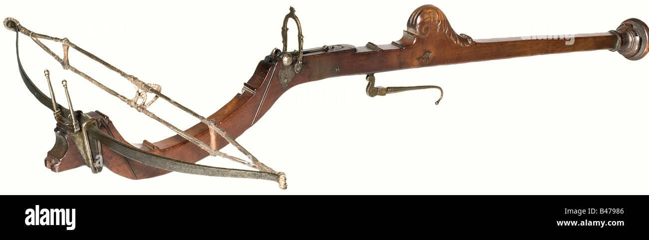 A stonebow, Italian, circa 1600. Slender, iron prod with the original ...