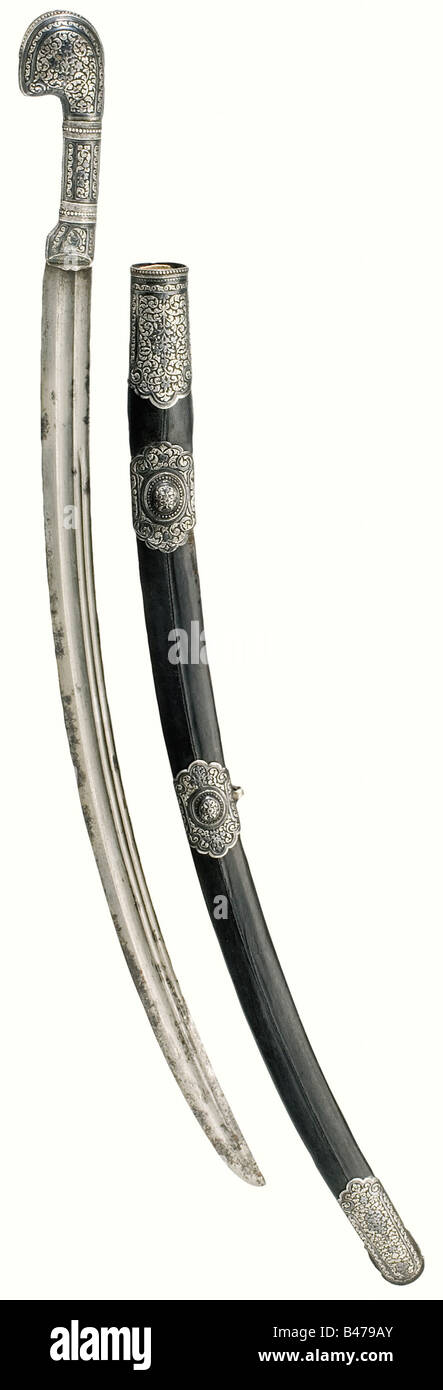A silver mounted shashka, Caucasus, circa 1900. Curved, single edged ...