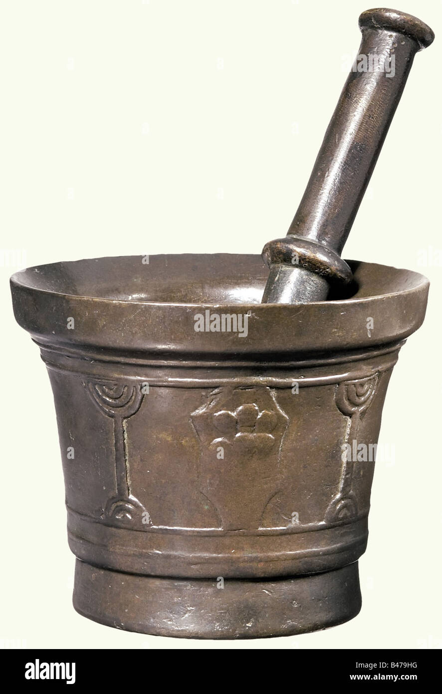 An Italian bronze mortar, circa 1500. A heavy, beaker-shaped mortar ...