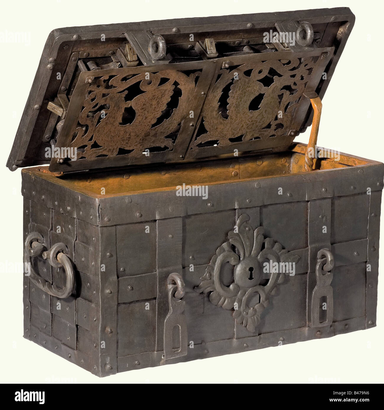 A German war chest, 2nd half of the 17th century. Heavy riveted iron ...