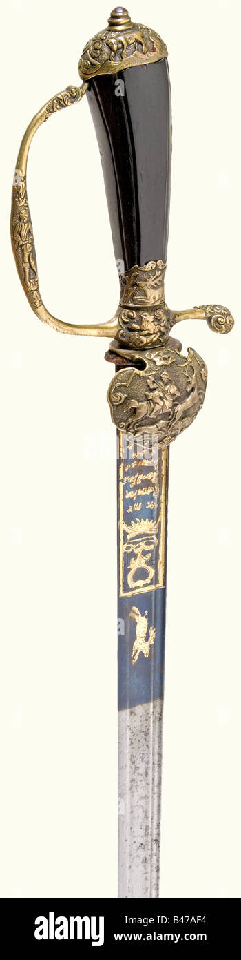 A hunting hanger, German, circa 1760 A slender blade with fullers on ...