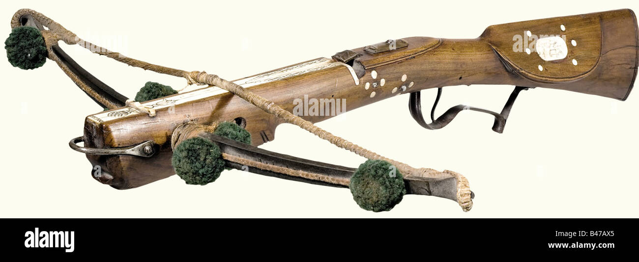 A sporting/hunting crossbow, German, circa 1730 Forged iron prod with ...