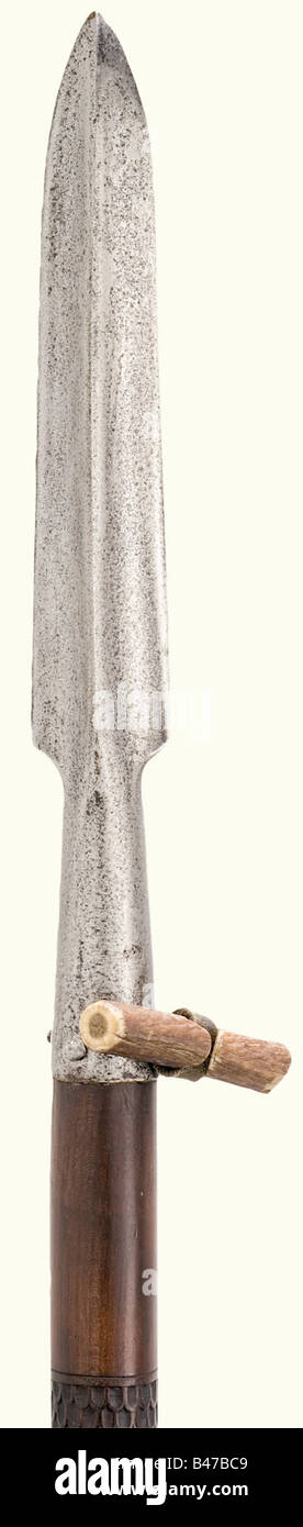 A boar spear, German, circa 1700 Heavy ridged blade on a slightly ...