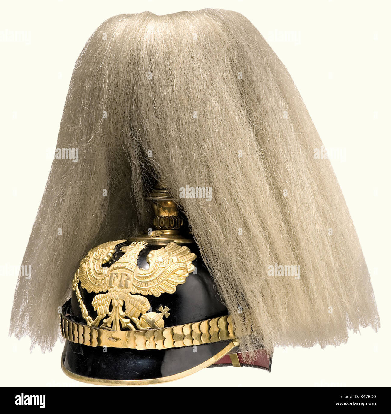 A helmet for officers, of the Prussian Line Infantry Black lacquered fiber skull, gilded frosted ...