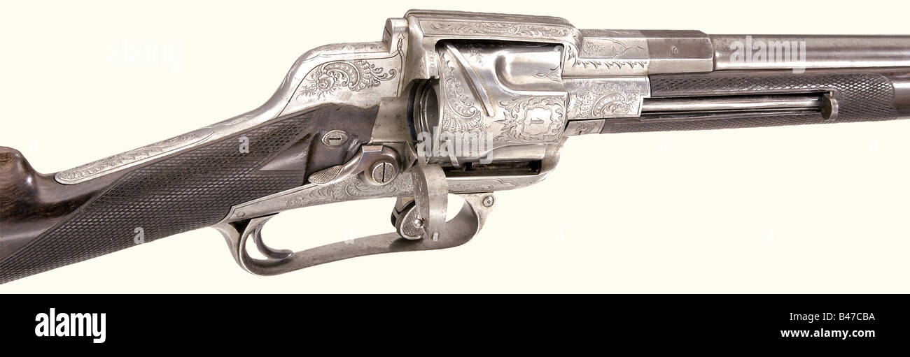 A revolving rifle, unknown manufacturer, circa 1865. Octagonal barrel ...