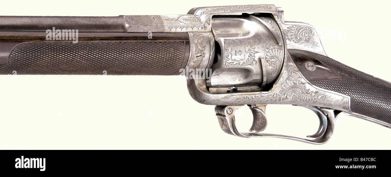 A revolving rifle, unknown manufacturer, circa 1865. Octagonal barrel ...