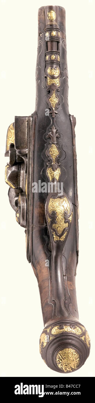 A pair of gold-inlaid flintlock traveler's pistols, France(?), circa ...