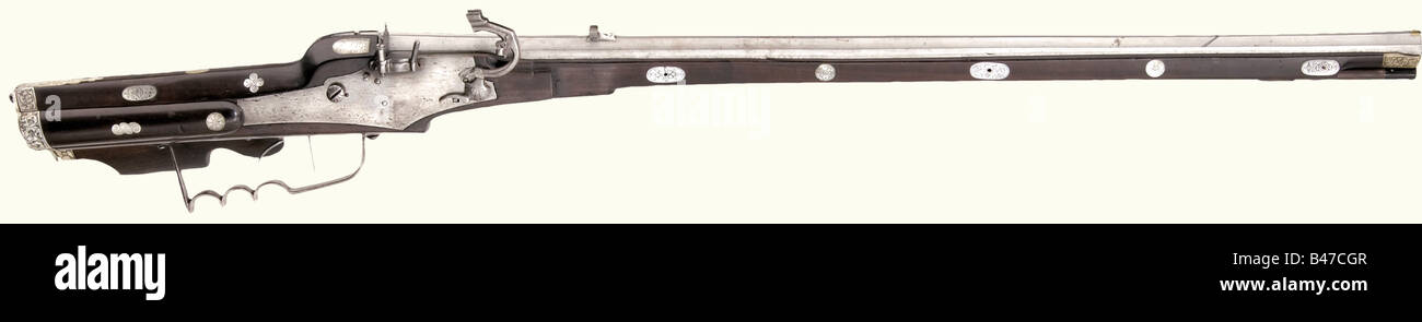 A matchlock carbine, German, circa 1650. Octagonal rifled barrel in 12 ...