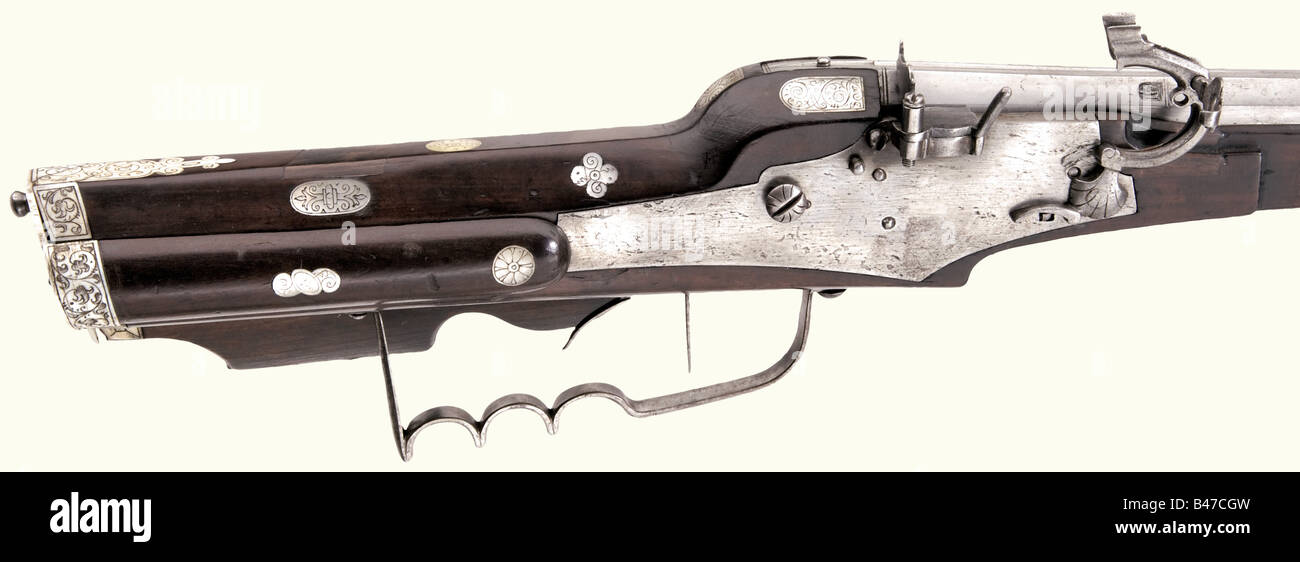 A matchlock carbine, German, circa 1650. Octagonal rifled barrel in 12 ...
