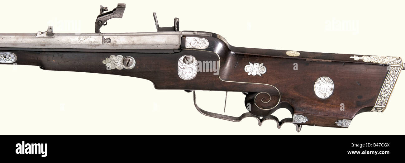 A matchlock carbine, German, circa 1650. Octagonal rifled barrel in 12 ...