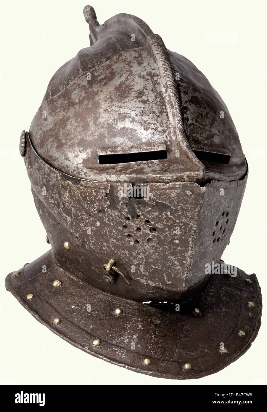 A French heavy burgonet, circa 1600. Two-piece forged heavy skull with ...