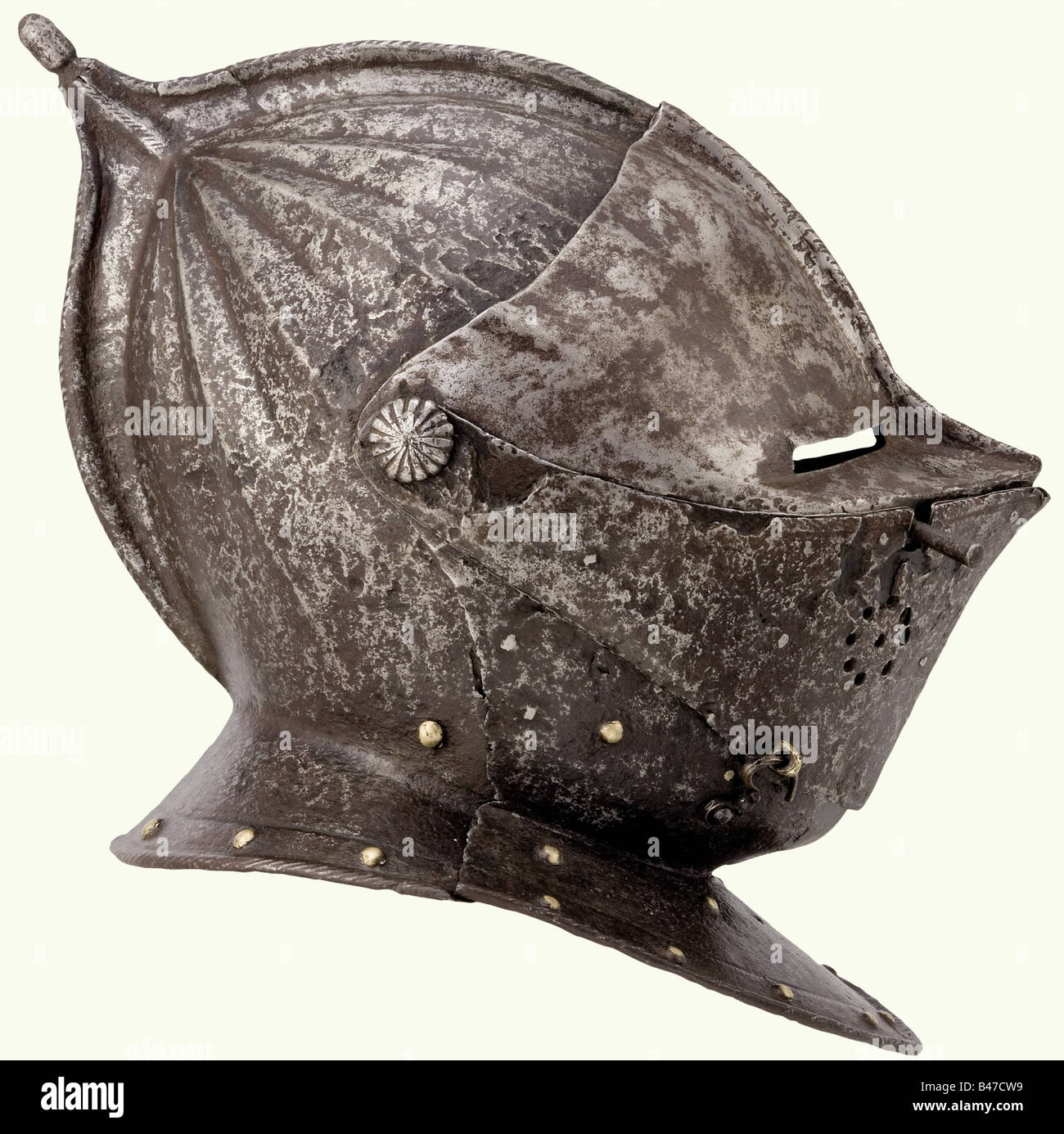 A French heavy burgonet, circa 1600. Two-piece forged heavy skull with ...