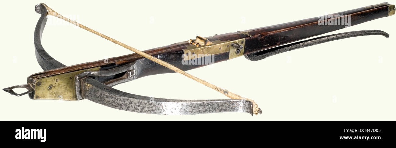 A crossbow, Spain, 16th century Heavy iron prod, with several smith ...