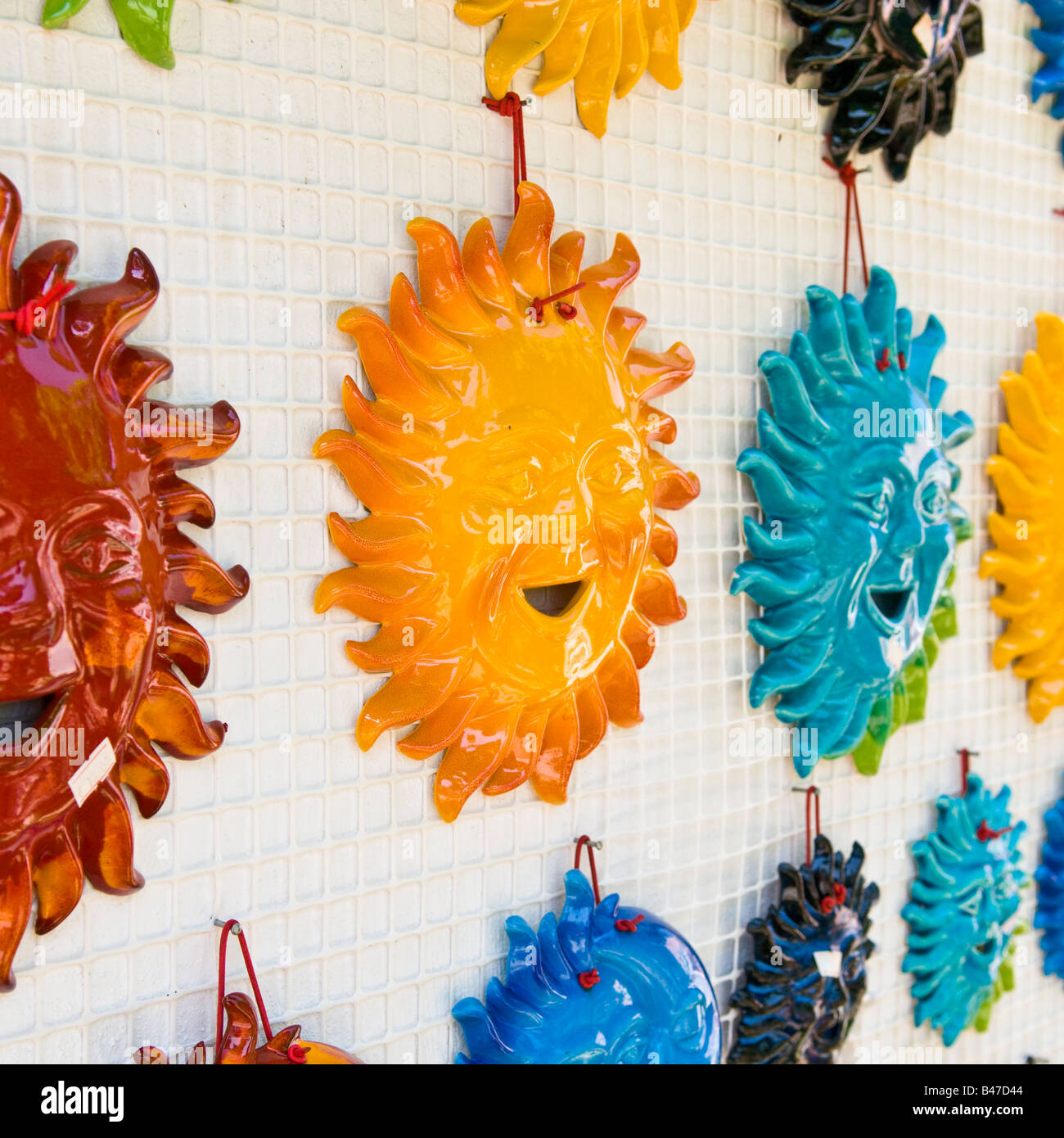 Ceramic pottery on display at a souvenir shop. Lake Kournas, Crete ...