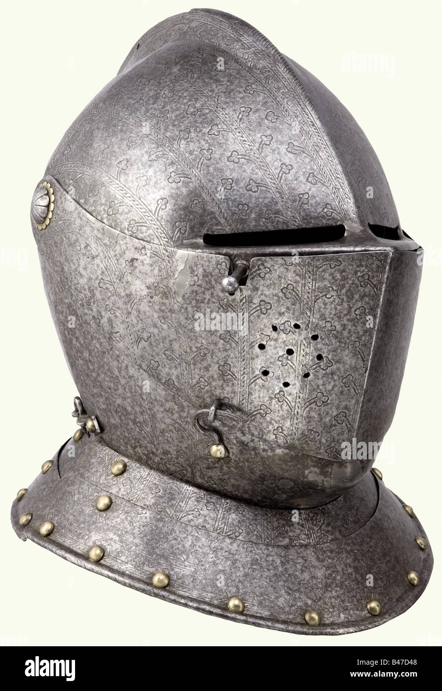 An etched German helmet, circa 1600. A close helmet, completely etched ...