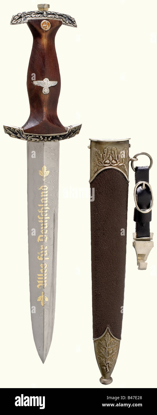 An SA honour dagger., Damascus blade with the etched and gilded motto ...