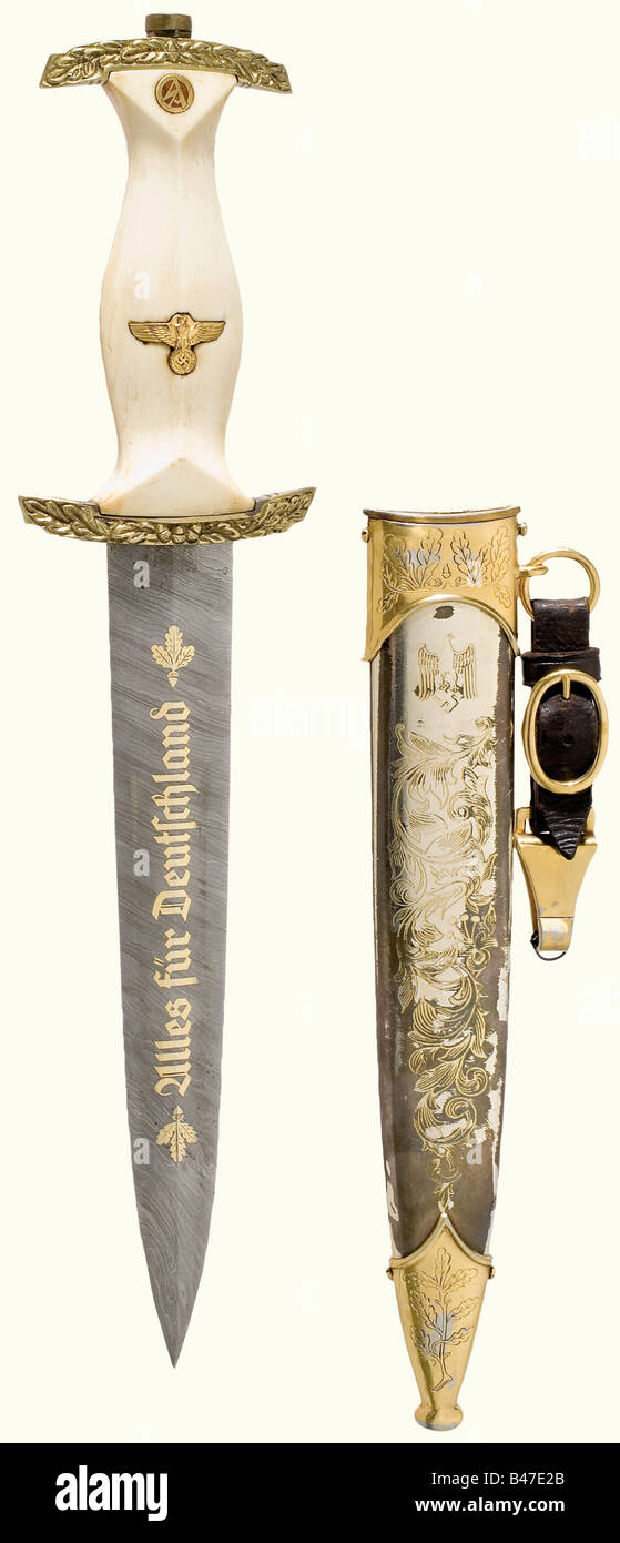 An SA honour dagger., Damascus blade with the etched and gilded motto ...