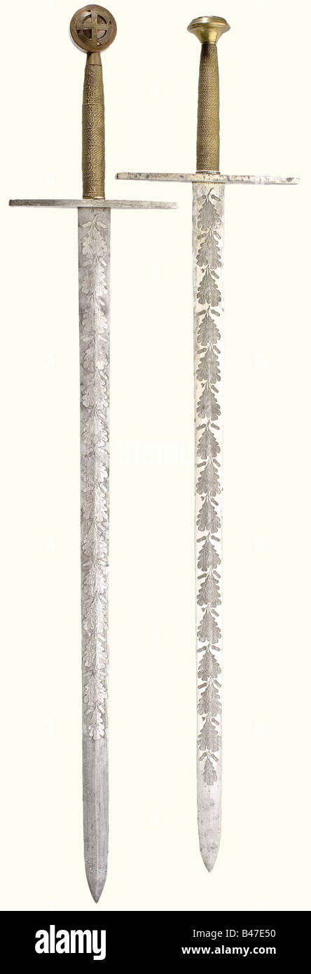 Two swords, in the style of 1500. Each has a double-edged Damascus ...