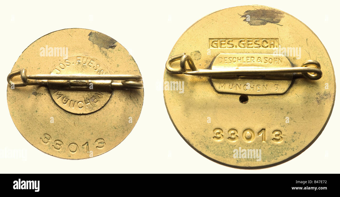 Golden Party Badges of the NSDAP, in 30 and 24 mm issue with matching ...