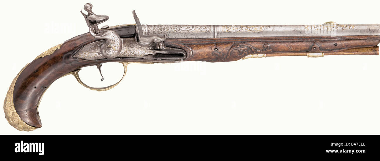 A flintlock pistol, France/Liège(?), circa 1760. Round barrel with ...