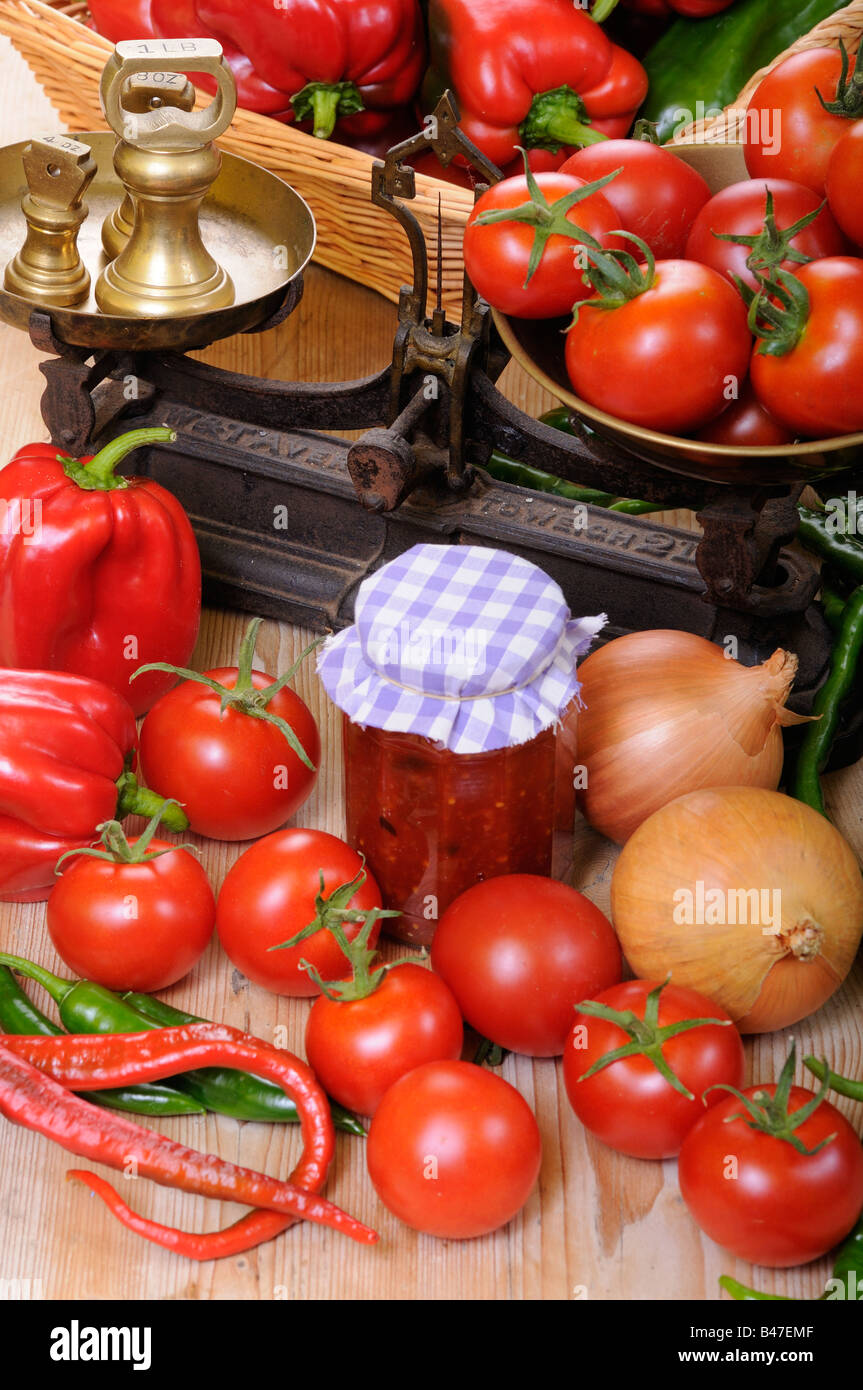 Country Kitchen scene with chutney ingredients jar of home made chutney ...