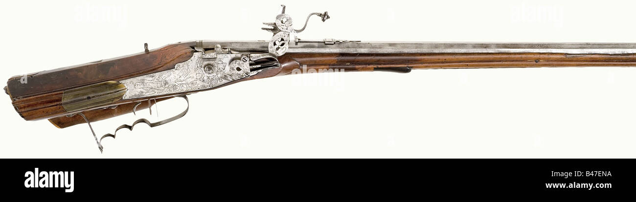 A wheellock rifle, Alps Region circa 1700. Octagonal, slightly swamped ...