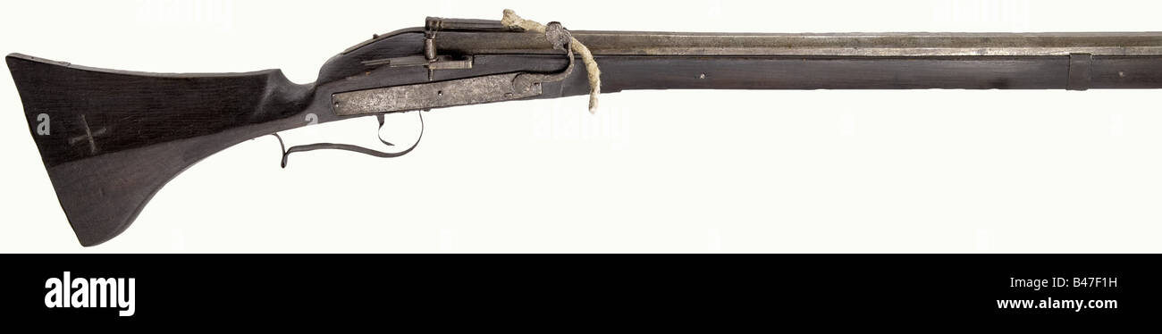 A heavy military matchlock musket, Suhl, circa 1620. Tapered octagonal ...