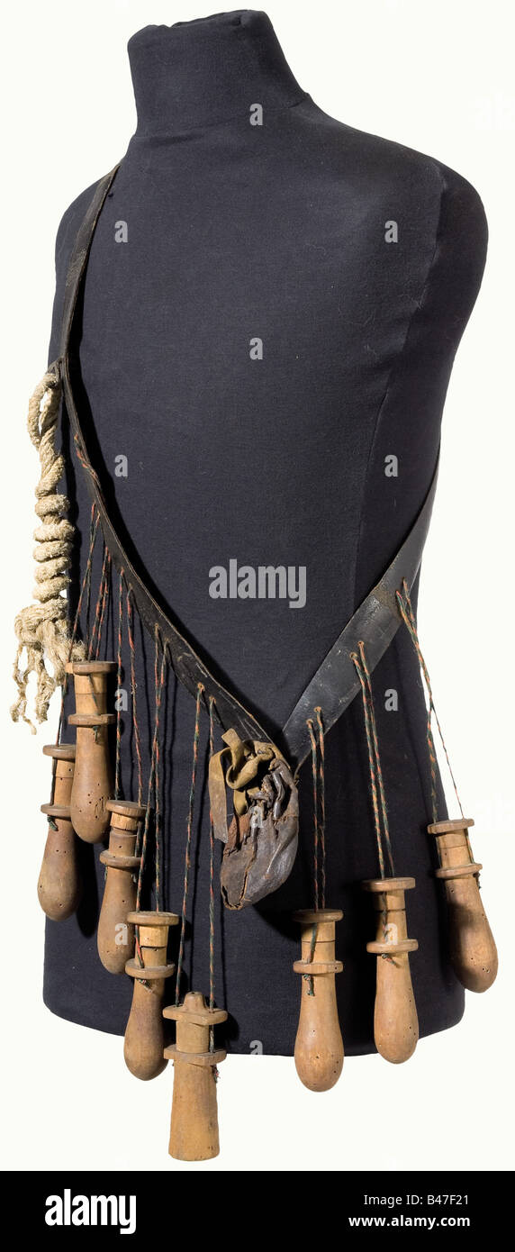 A German musketeer's bandolier, 1st half of the 17th century. Blackened ...