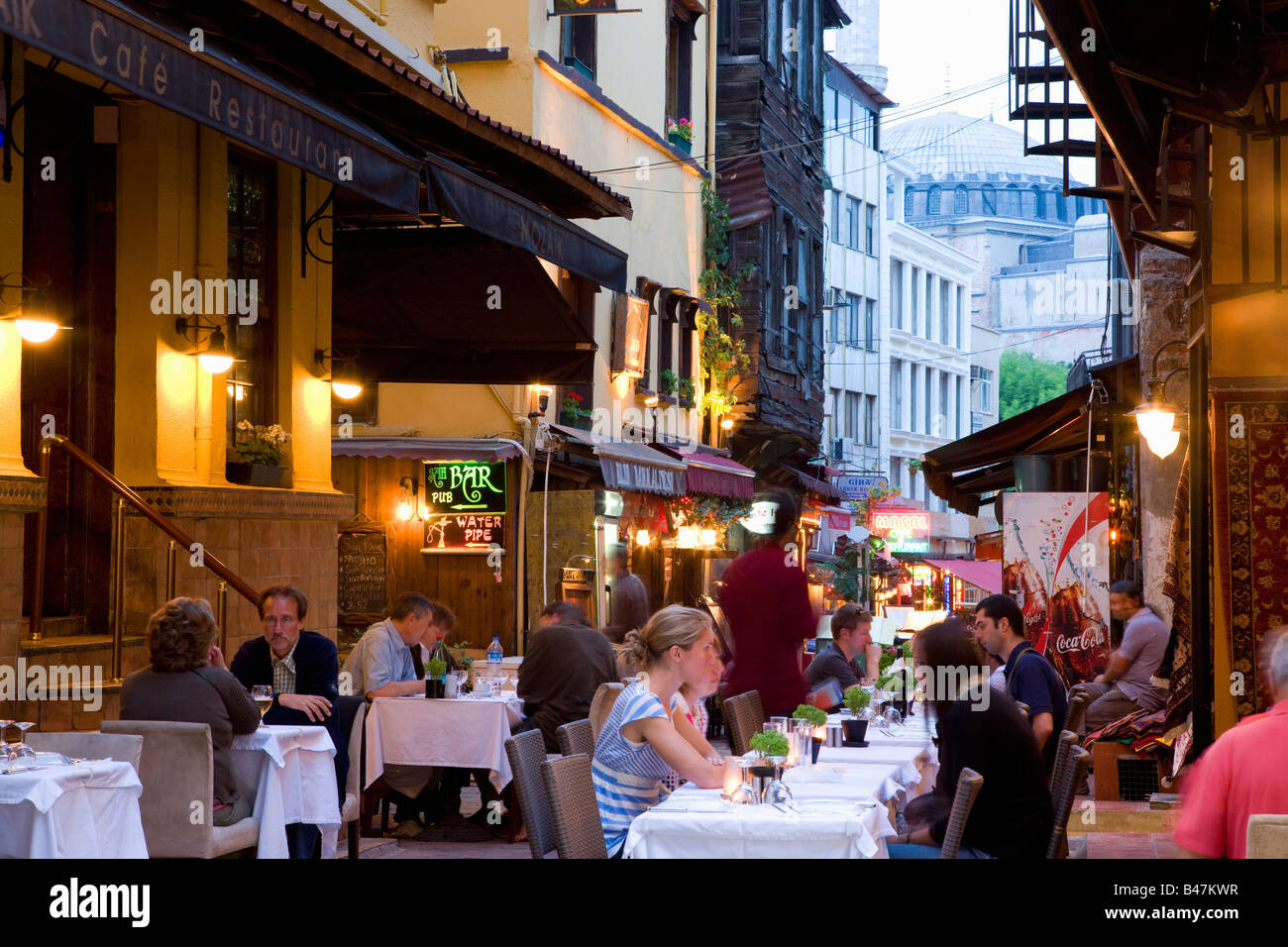 Turkey Istanbul pavement restaurants and cafes with the blue mosque ...