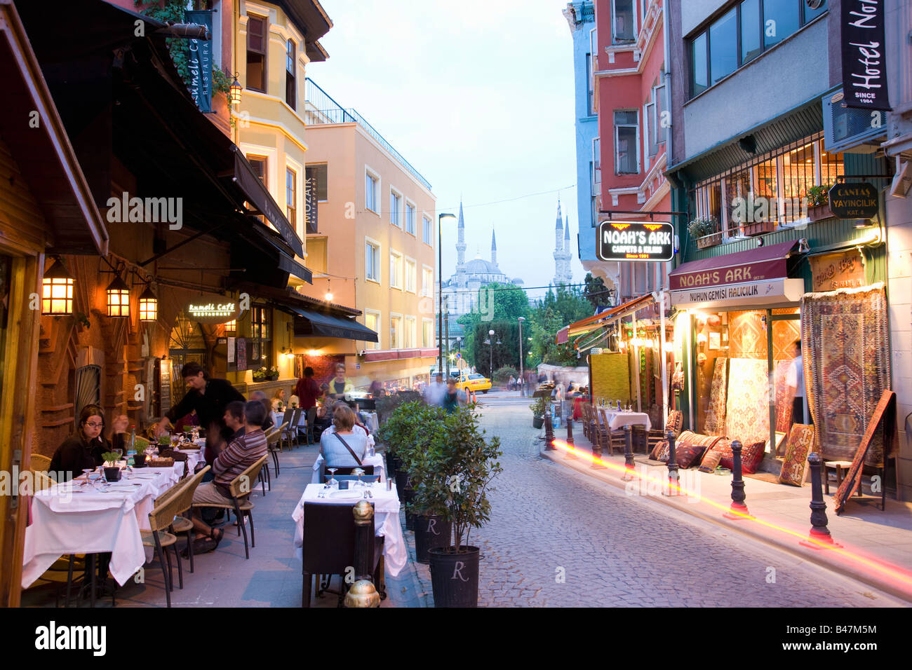 Turkey Istanbul pavement restaurants and cafes with the blue mosque ...