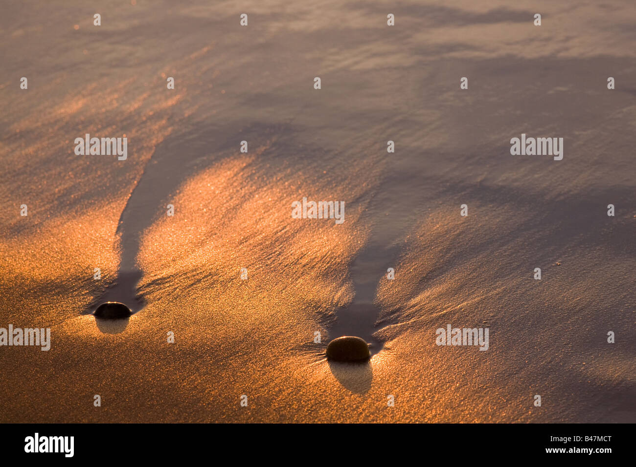 dusk sunlight on wet fine sand with two little stone Stock Photo - Alamy