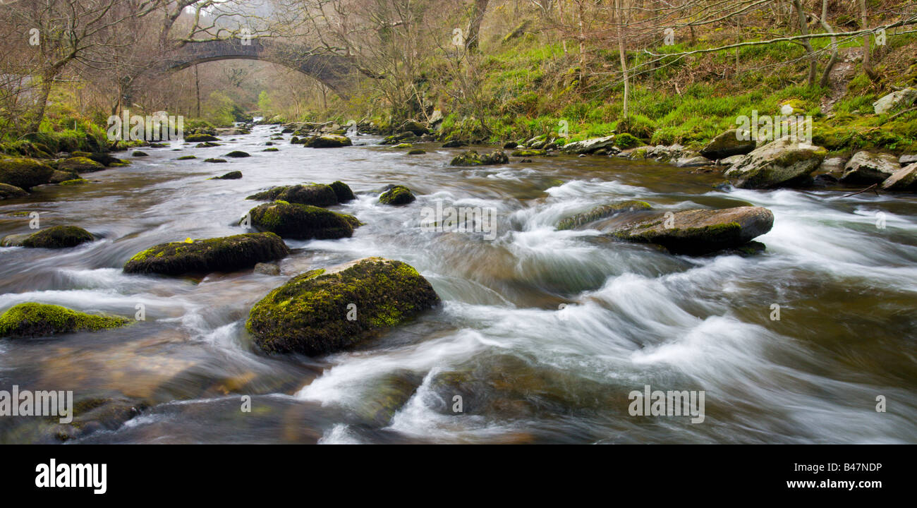 East Lyn River and bridge at Watersmeet Exmoor National Park Devon ...