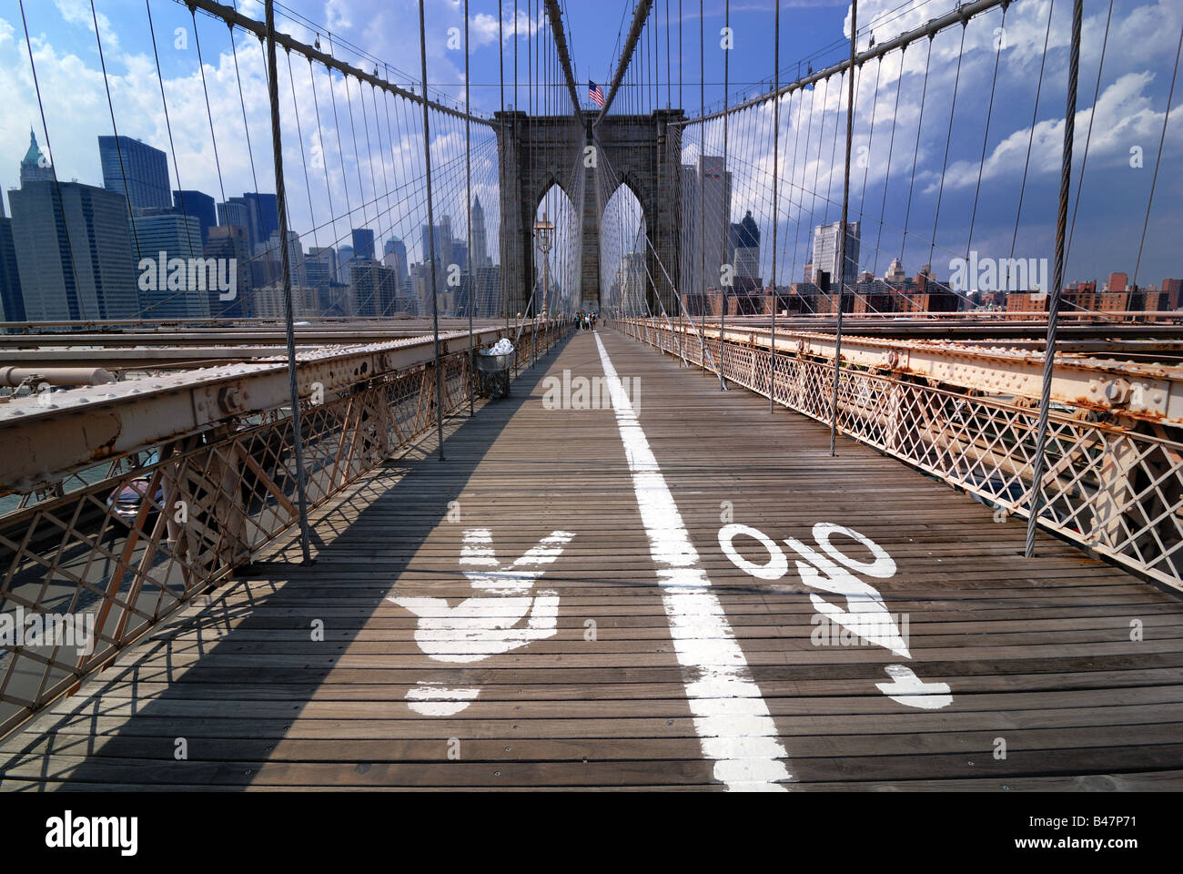 The walkway across the Brooklyn Bridge in New York city has separate ...