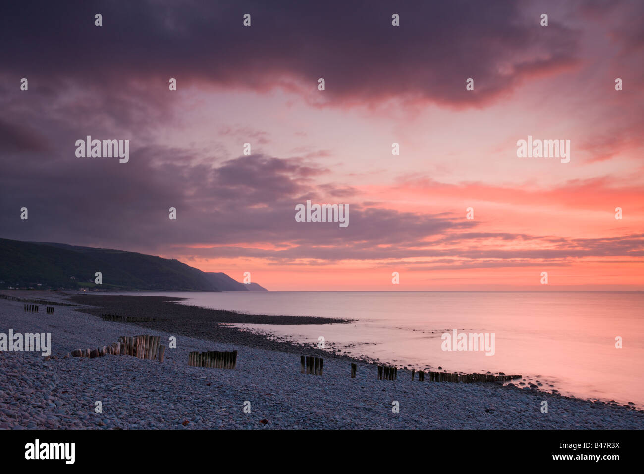 Beautiful sunset skies above Bossington Beach Exmoor National Park ...