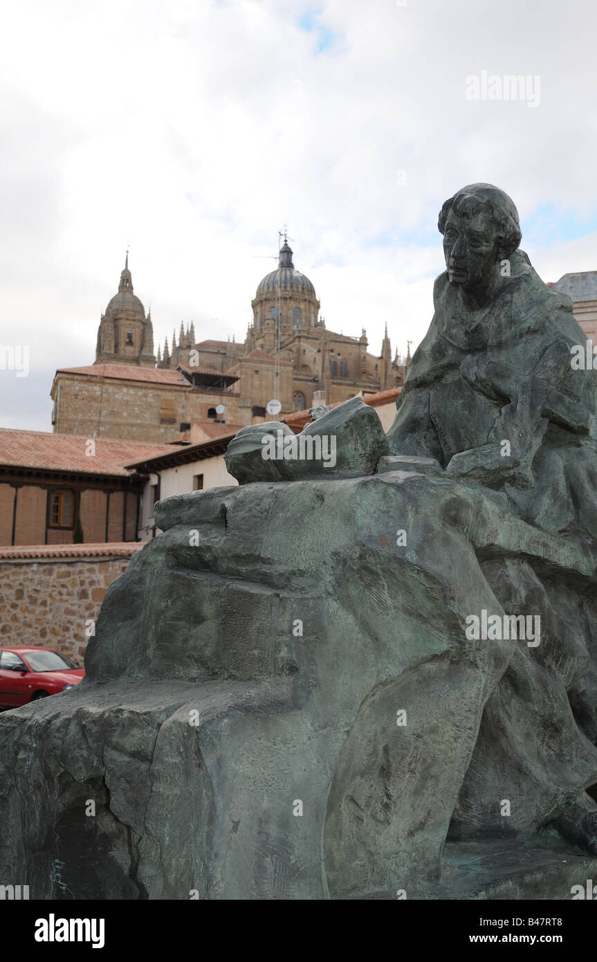 Modern statue with Old and New Cathedrals Salamanca Spain Stock Photo ...