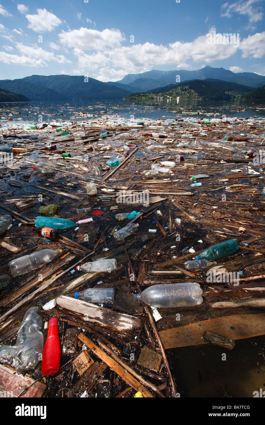 beautiful landscape ruined by floating garbage wide angle and dynamic ...
