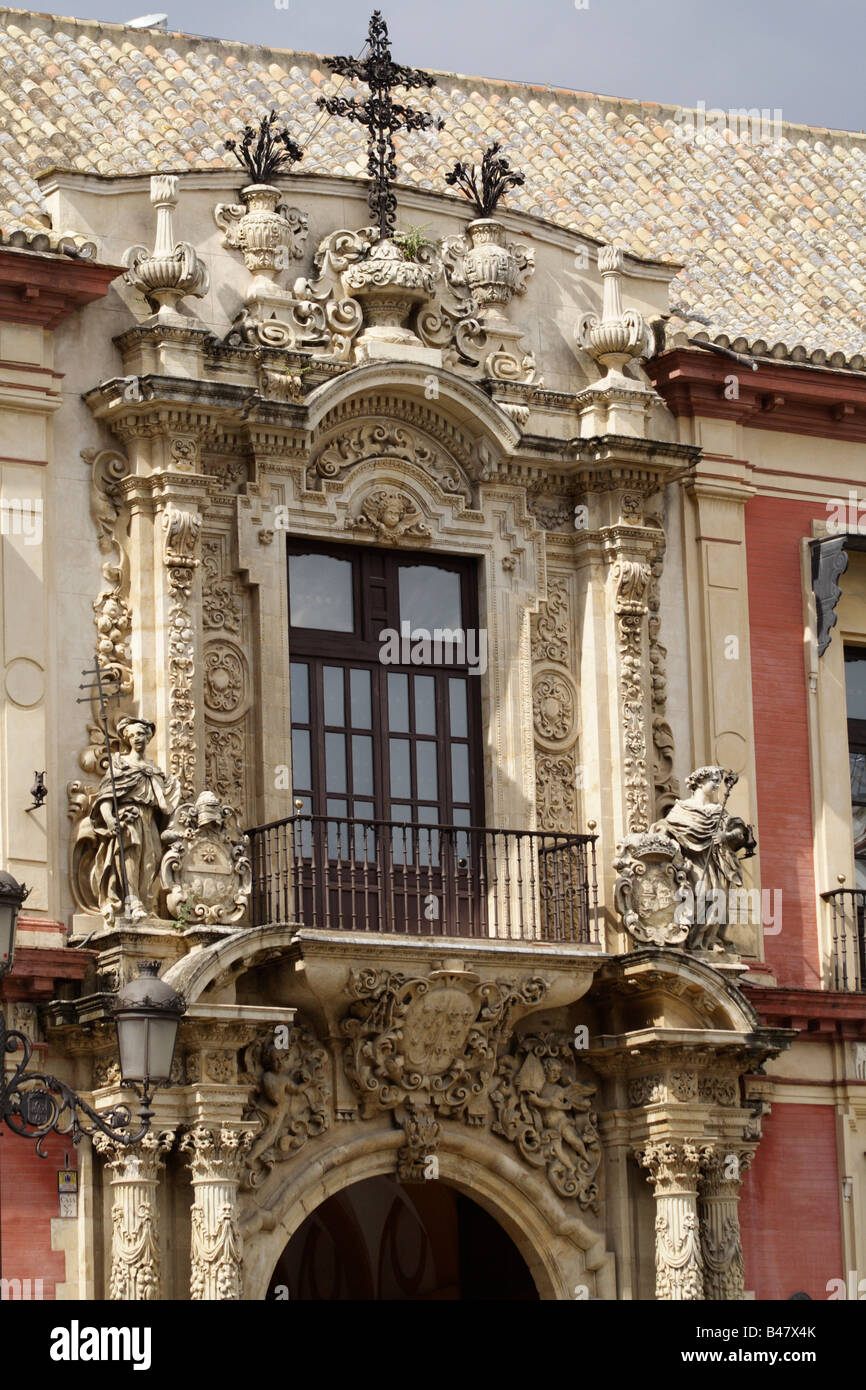 Ornate Baroque window on the 18th century Archbishops Palace, Seville ...