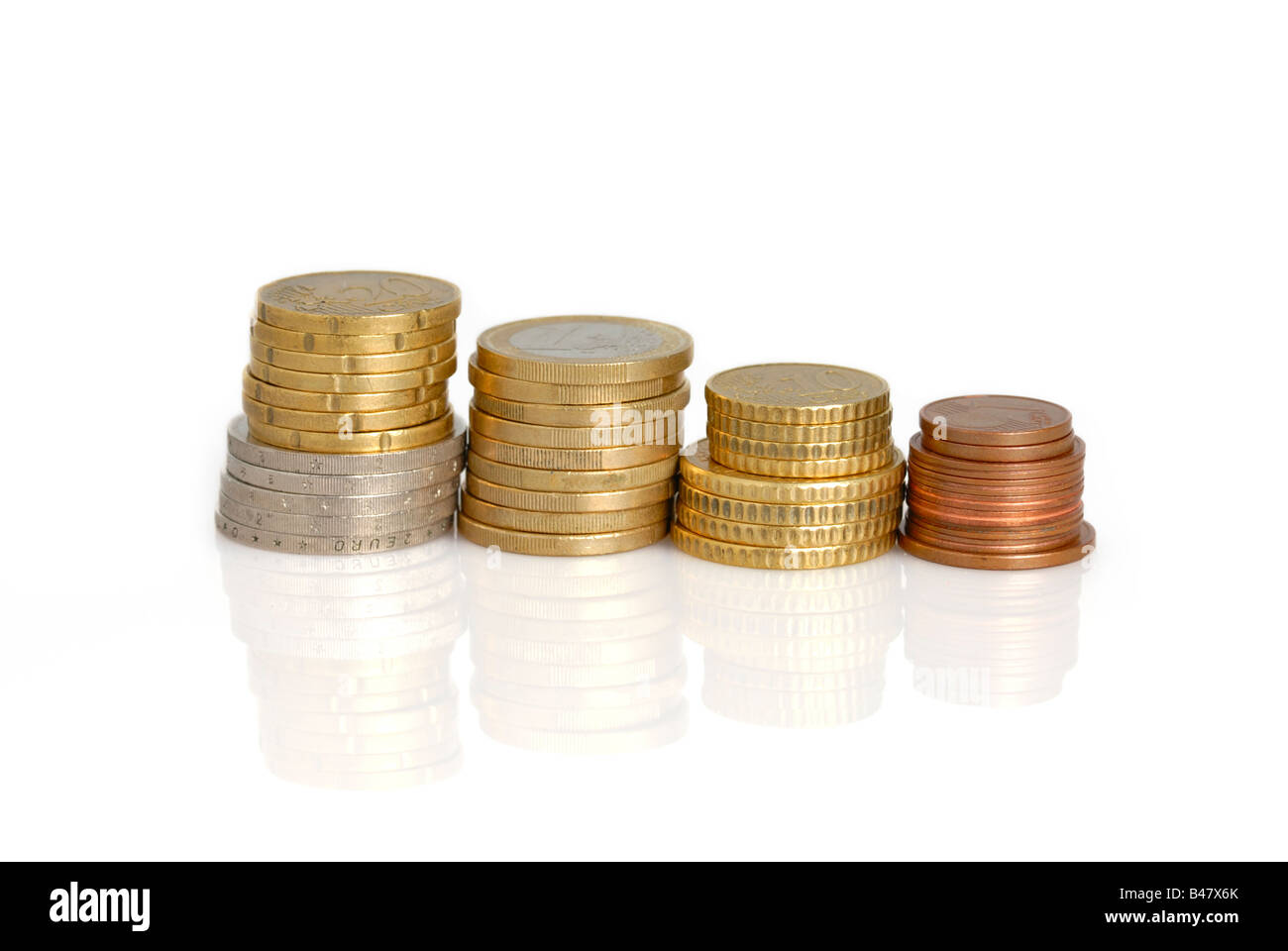 Stack of euro coins of different height with reflection on the table ...