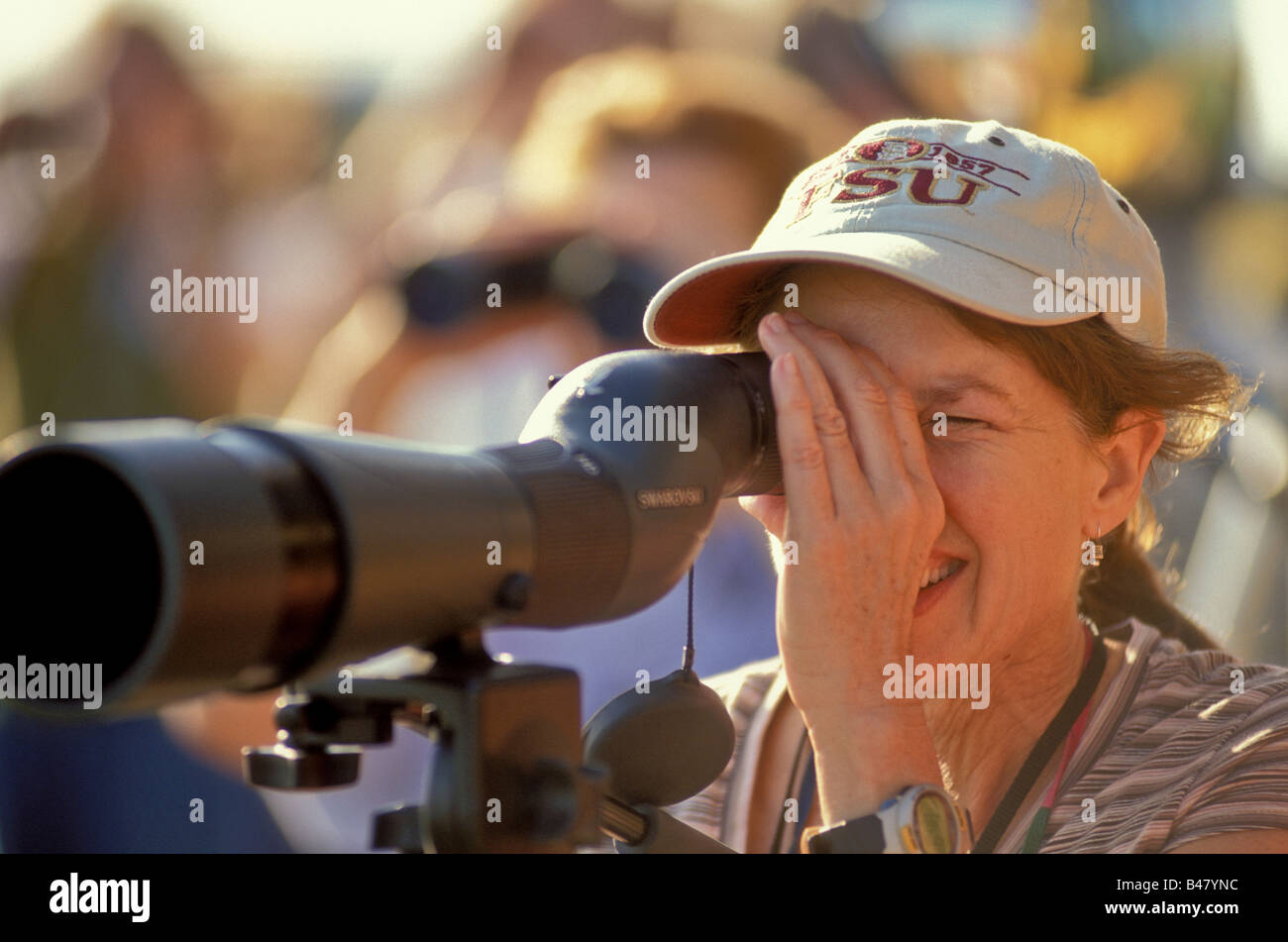 Woman looking through telescope watching for birds Stock Photo - Alamy