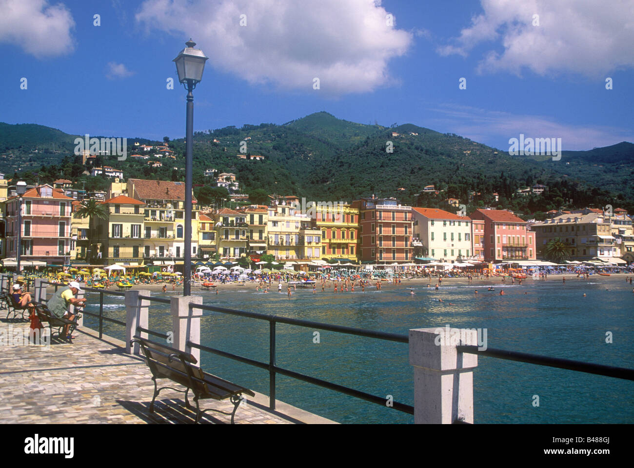 View of the colourful beach and seafront at Alassio on the Italian ...