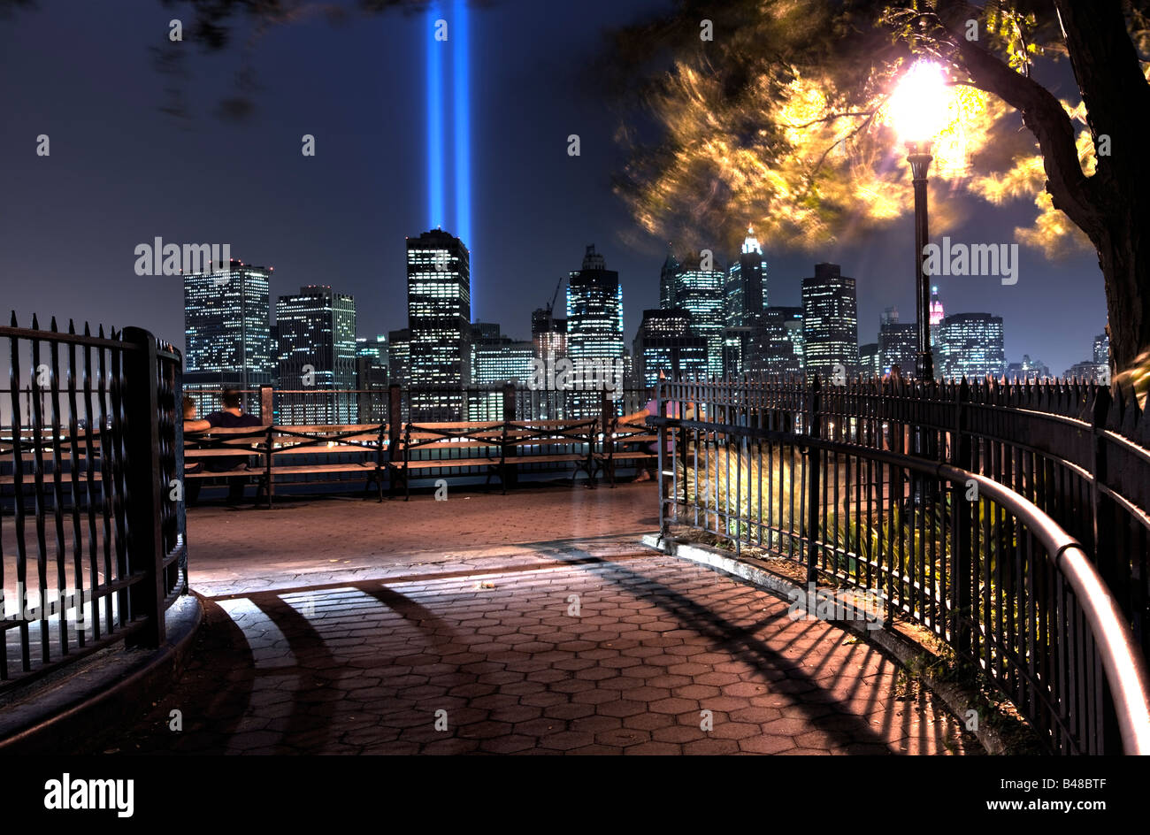 Night shot of World Trade Center Tribute lights Manhattan, NY, USA ...