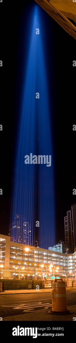 Night shot of World Trade Center Tribute lights Manhattan, NY, USA ...